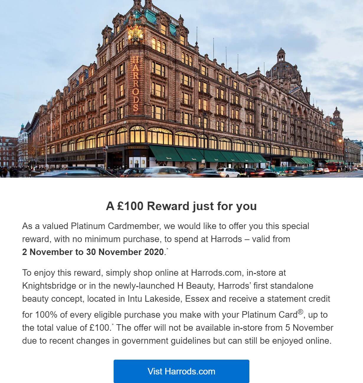 Harrods £100 Freebie for Amex Platinum Cardholders - Points Uncovered